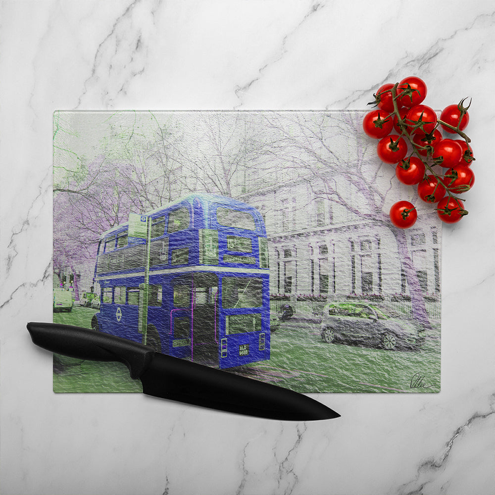 London Bus Behind Blue Glass Chopping Board – Benjamin Tate Design