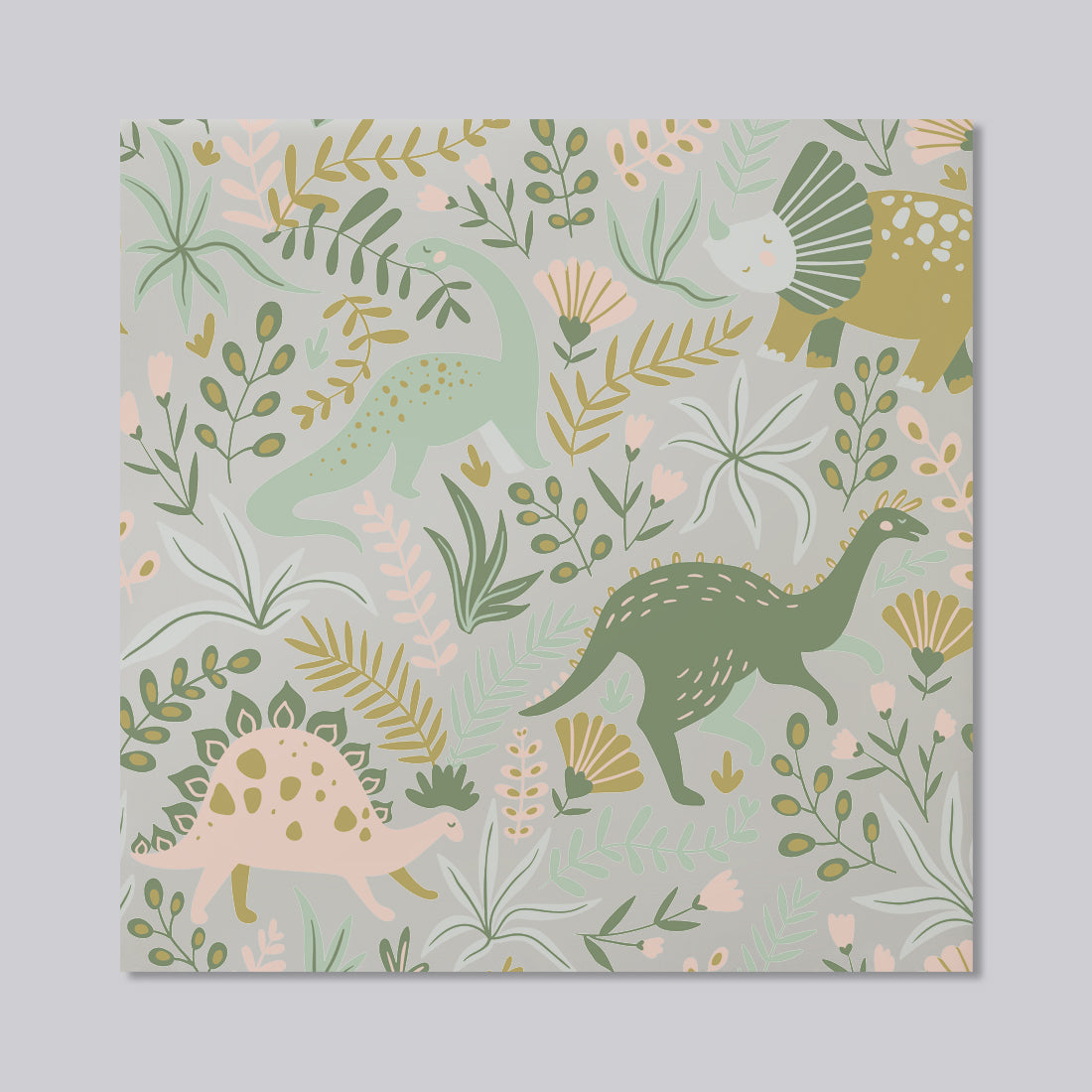 Hand drawn seamless pattern with dinosaurs and tropical leaves and flo ...